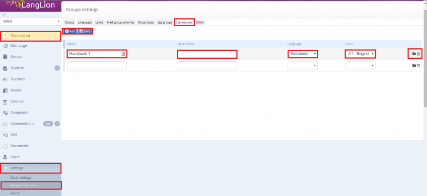 Support LangLion | Group Settings – Tab: Coursebook