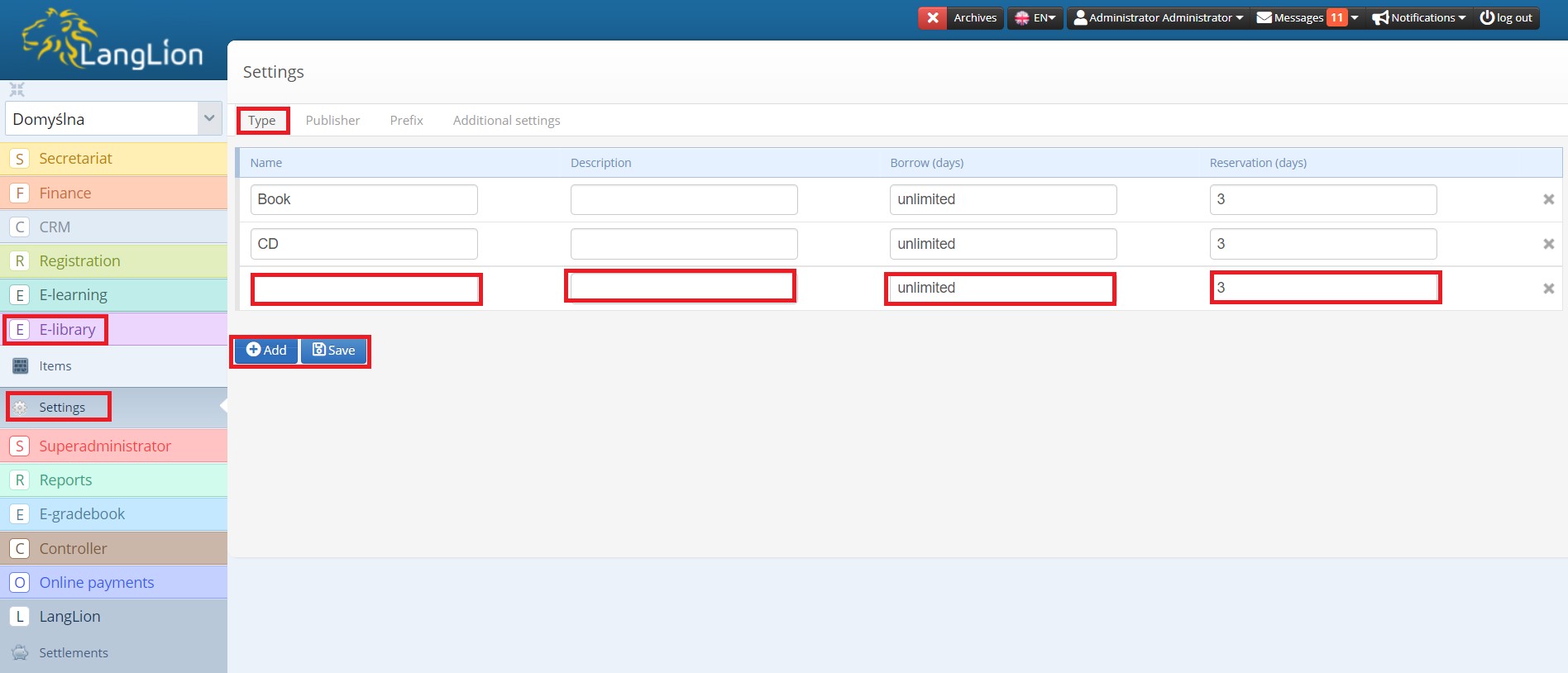 Support LangLion | E-library settings