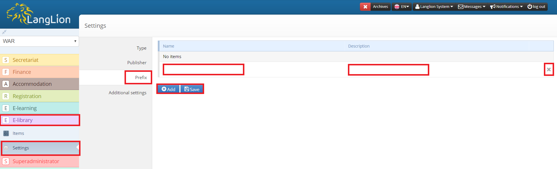 Support LangLion | E-library settings