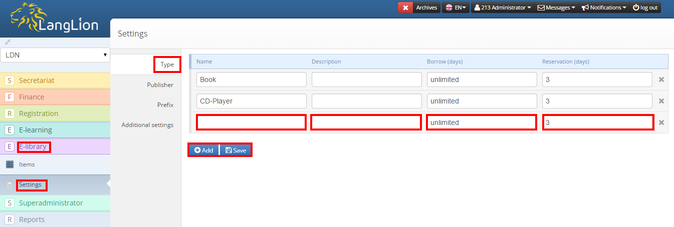 Support LangLion | E-library settings