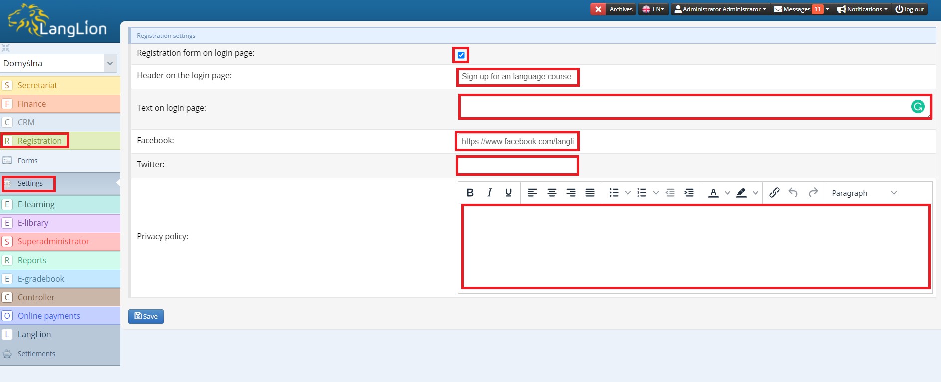 Support LangLion | Registration – settings Support LangLion | Registration – settings