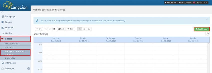 Support LangLion | Teacher’s account – adding classes