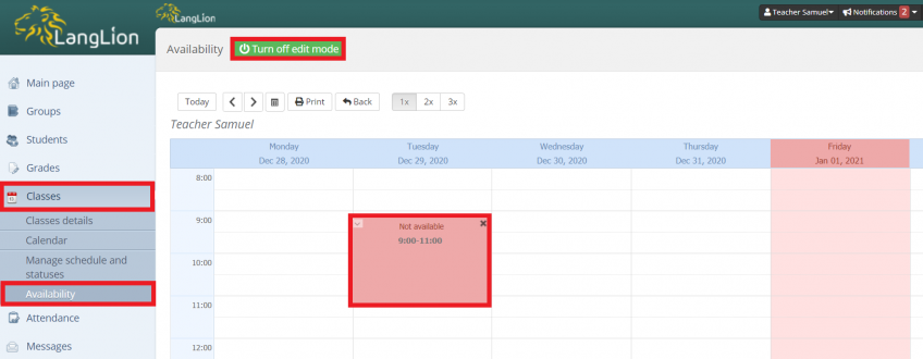 Support LangLion | Teacher’s account – Classes