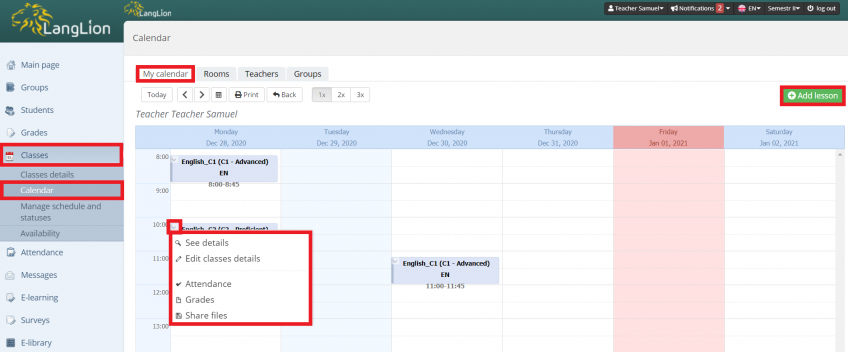 Support LangLion | Teacher’s account – Classes