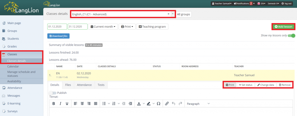 Support LangLion | Teacher’s account – Classes