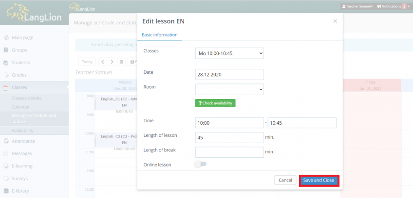 Support LangLion | Teacher’s account – Classes
