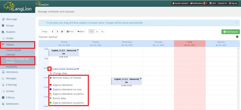 Support LangLion | Teacher’s account – Classes
