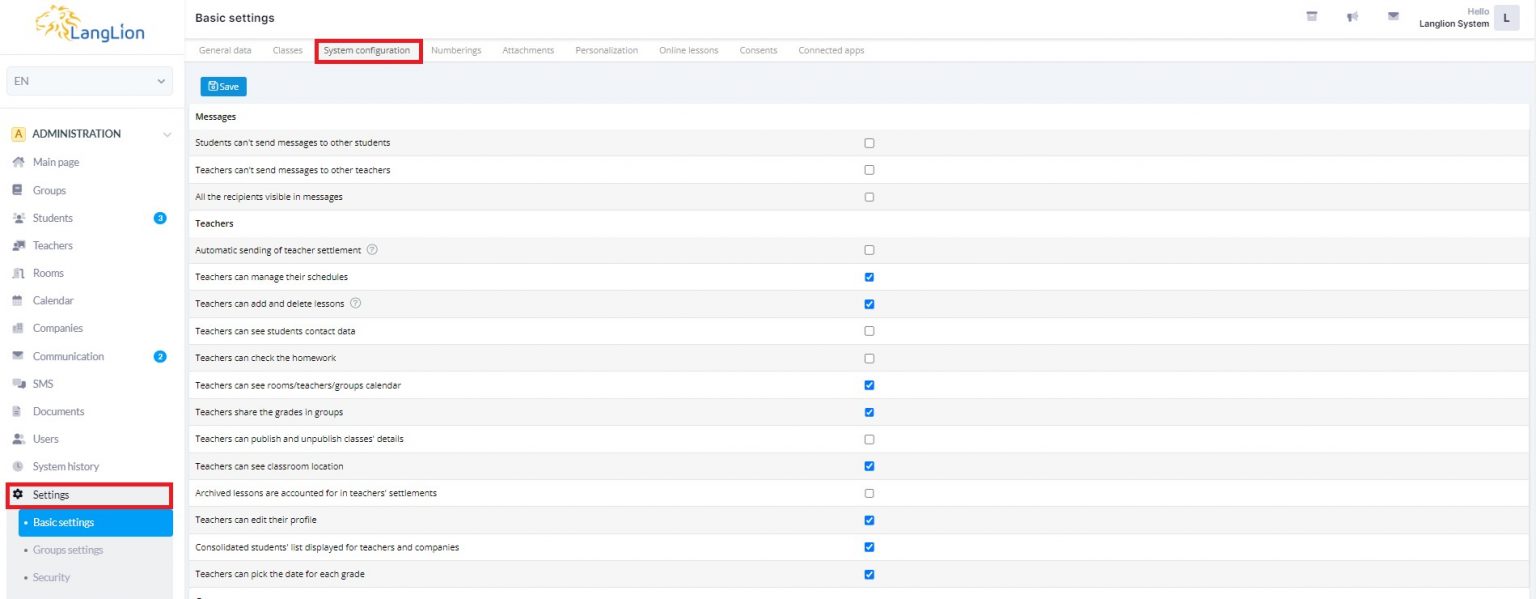Support LangLion | Basic Settings – System configuration